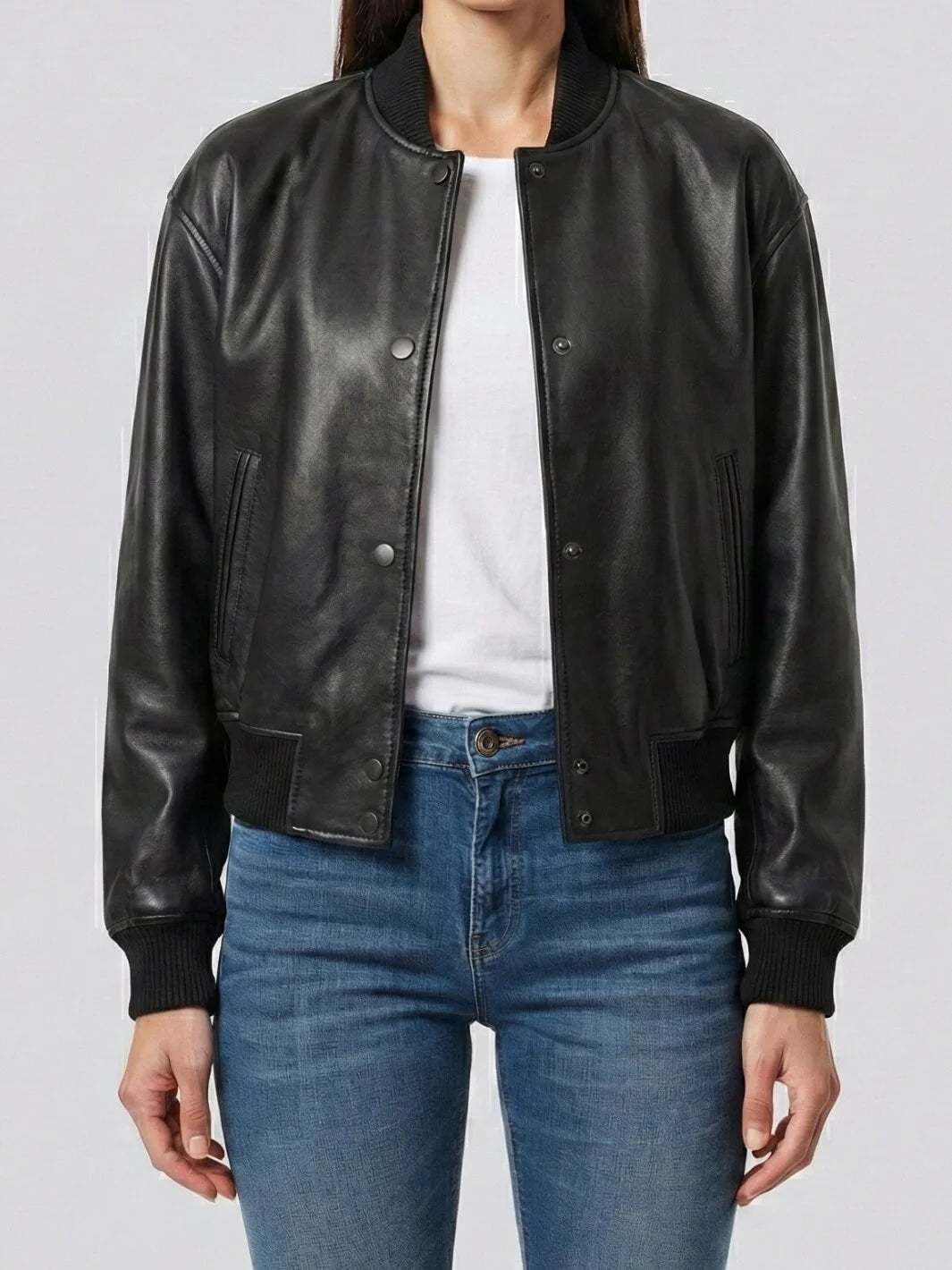Black Snap Button Cropped Womens Bomber Jacket – Decrum