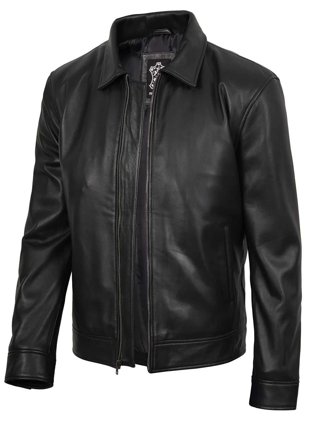 Mens Black Harrington Leather Jacket - Shirt Collar Style – Decrum